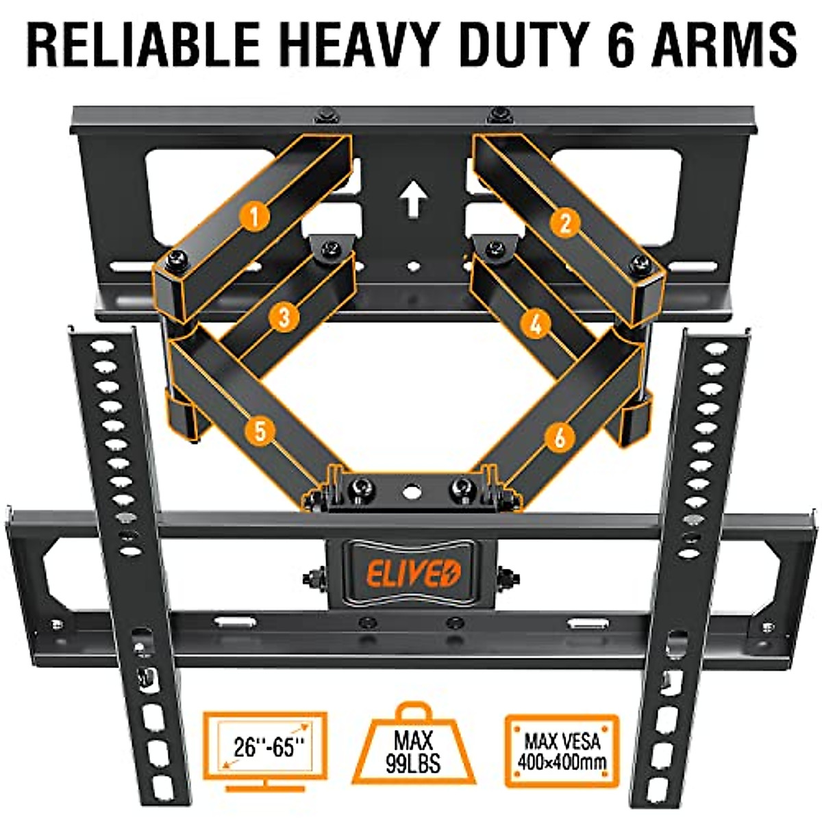 ELIVED TV Wall Mount Full Motion Premium with Swivel and Tilt for Most 26-65 Inch Flat Curved Screen TVs, TV Mount Bracket with Dual Articulating Arms Supports TV up to 99 lbs Max VESA 400x400