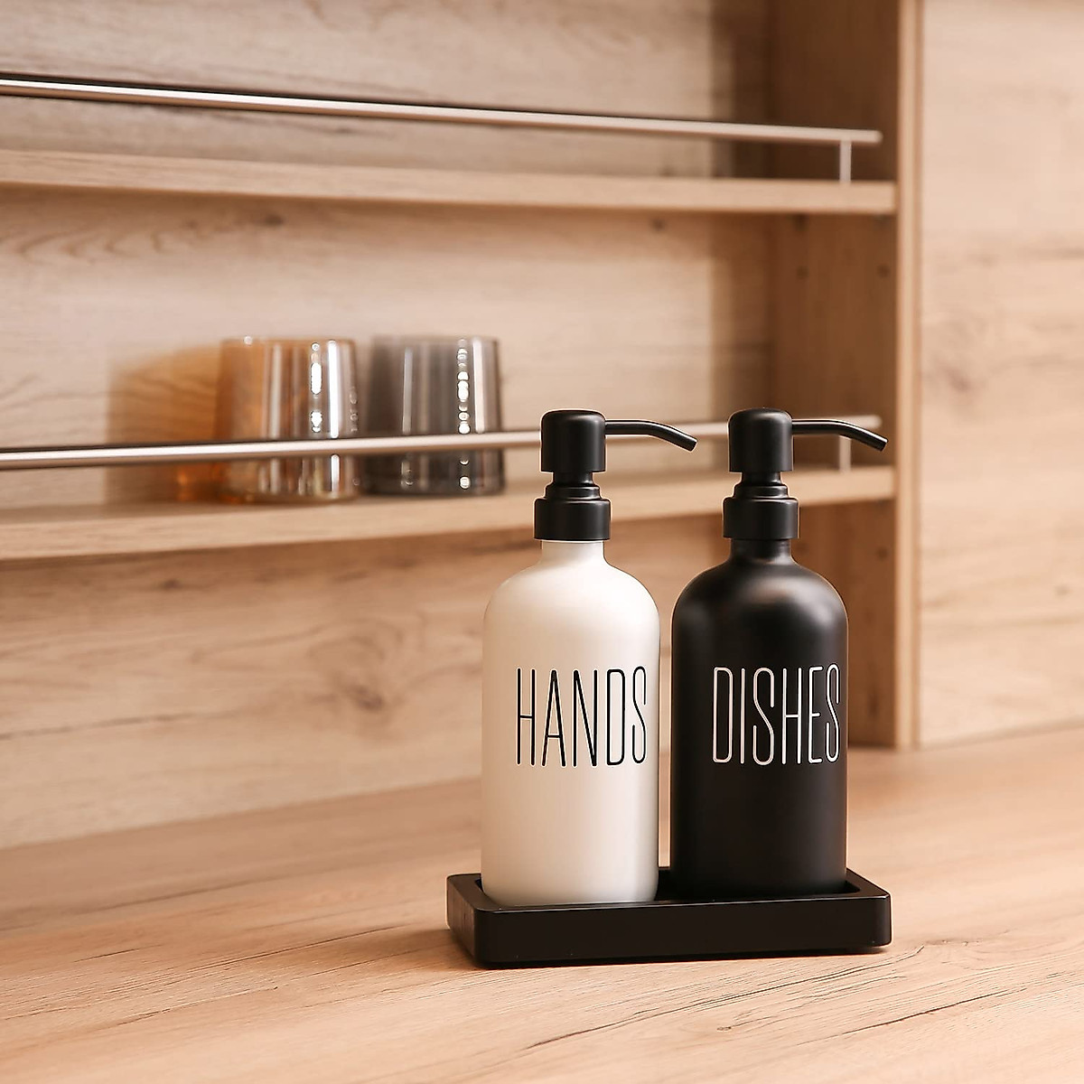 Prus Waso Soap Dispenser Set, Contains Dish and Hand Soap Dispenser. Dish Soap Dispenser for Kitchen Sink with Stainless Steel Pump, Perfect for Farmhouse Kitchen Decor. (Black & White2)