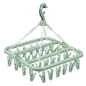 hautllaif Plastic Clothes Drying Hanger with 32 Clips and Drip Foldable Hanging Rack (Green)