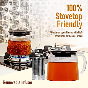 Glass Teapot with Tea Infuser - Stovetop Safe Clear Glass Teapot with Removable Strainer - Perfect for Blooming Tea, Loose Leaf and Other Herbal Teas