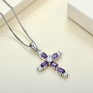 YL Cross Necklace 925 Sterling Silver Created Amethyst Pendant Religious Jewelry 18K White Gold Plated Gemstone Christian Baptism Gift