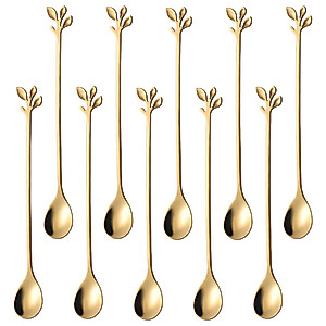 AnSaw 10-Piece 7.4" Long Handle Teaspoons - Gold Leaf Design for Coffee & Tea Stirring Spoons, Elegant Stainless Steel Stir Spoons