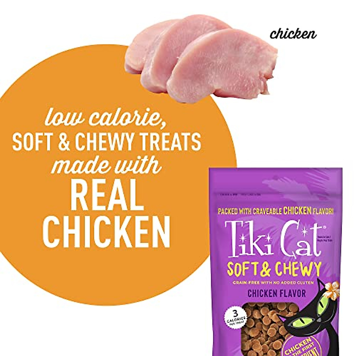 Tiki Cat Grain Free Soft & Chewy Low Calorie Treats for Cats & Kittens - Chicken 2 oz. Bags 8 Pack