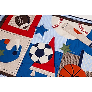 CribMATE 4 PCs Blue Sports Themed Nursery Crib Bedding Set Baby Boy 1 Quilt 1 Fitted Sheet 1 Diaper Organizer 1 Changing Pad Sheet Cot Bedding Set, Blue , Red , Brown , White, 28 X 52