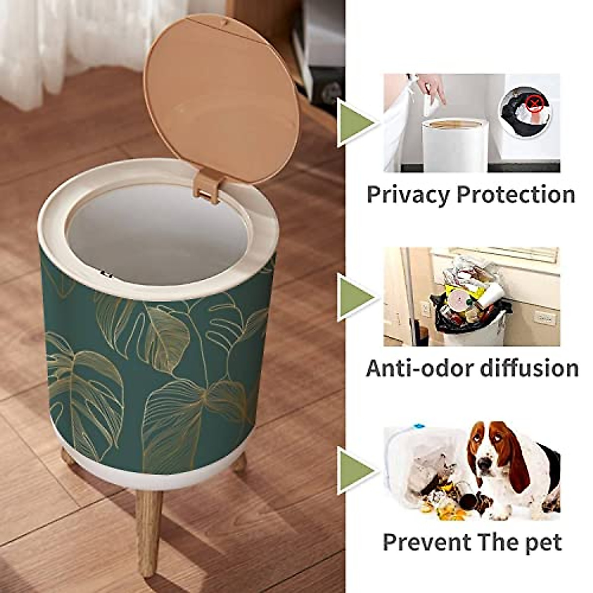 Small Trash Can with Lid Luxury gold and nature green Floral Golden split leaf Philodendron Garbage Bin Wood Waste Bin Press Cover Round Wastebasket for Bathroom Bedroom Kitchen 7L/1.8 Gallon