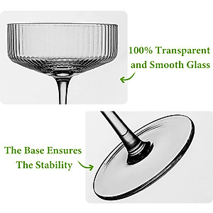 Qipecedm 4 Pcs Ribbed Coupe Glasses, 10 oz Vintage Cocktail Coupe Glasses Set, Unique Martini Glass, Classic Cocktail Galssware, Bar Drinking Glasses Set Pefect for Cocktail, Wine, Champagne & Gift