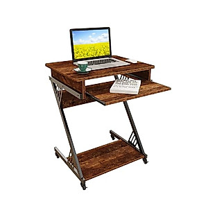 ALISENED Computer Desk for Small Spaces,23.6" Z-Shaped Compact Study Table with Smooth Keyboard Tray,with Wheels and Bottom Shelves for Home Office，Computer Cart Mobile Laptop Cart