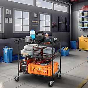 Finnhomy 3 Tier Heavy Duty Commercial Grade Utility Cart, Wire Rolling Cart with Handle Bar, Steel Service Cart with Wheels, Kitchen Cart on Wheels, Food Storage Trolley, NSF Listed, Black