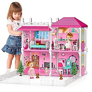 TEMI Dream Doll House Girls Toys - 2-Story 4 Rooms Playhouse with 2 Dolls Toy Figures, Fully Furnished Fashion Dollhouse, Pretend Play House with Accessories, Gift Toy for Kids Ages 3 4 5 6 7 8+