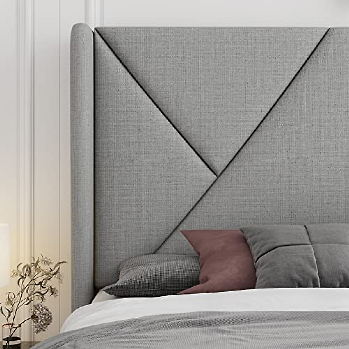 Feonase Queen Size Platform Bed Frame with Wingback, Geometric Upholstered Bed Frame with Fabric Headboard, Solid Wooden Slats, No Box Spring Needed, Easy Assembly, Noise-Free, Light Gray