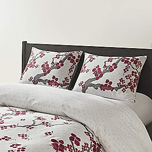 N Natori Cherry Blossom Duvet Cover Queen Size - Red, Grey , Cherry Blossom Duvet Cover Set – 3 Piece – 100% Cotton Sateen Light Weight Bed Comforter Covers