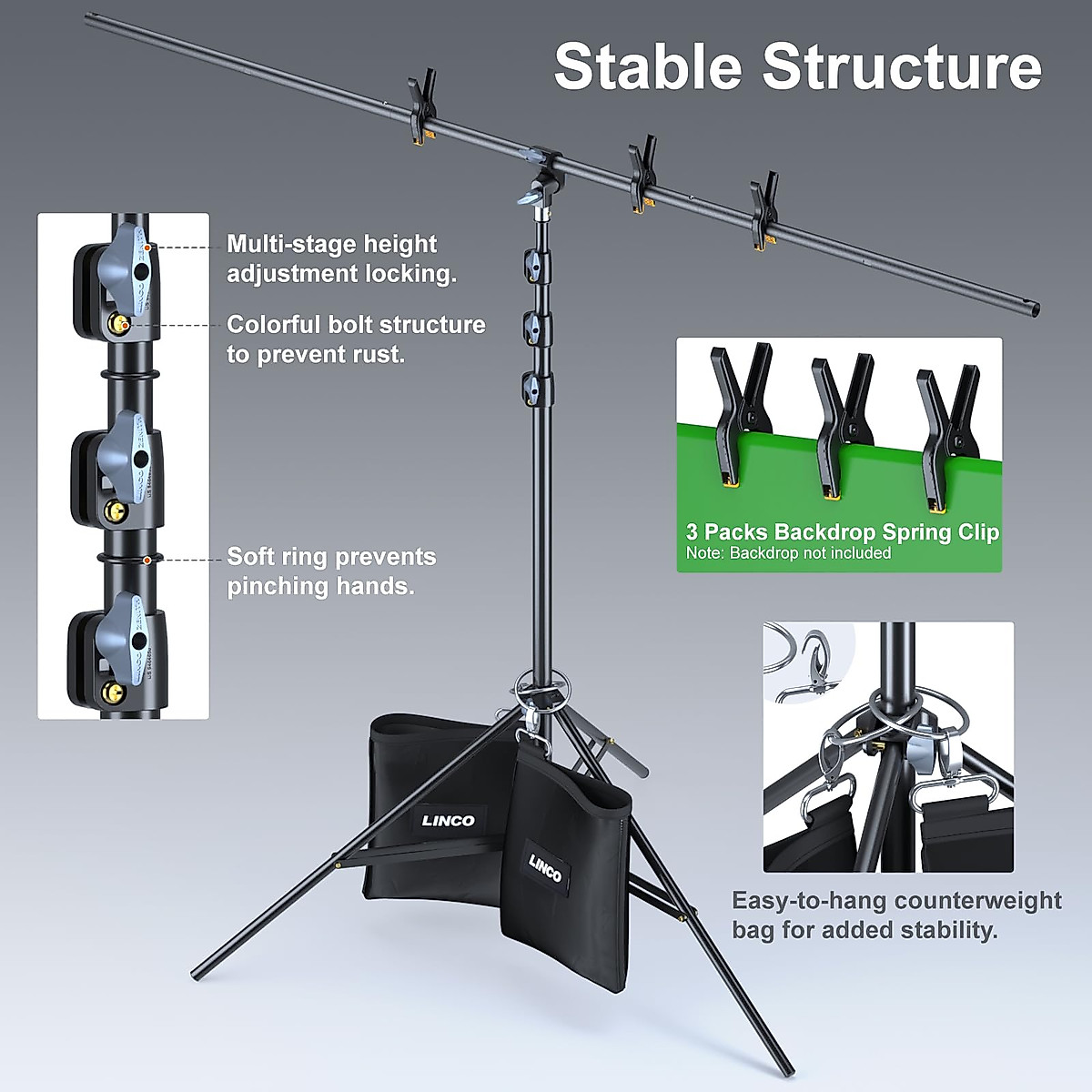 LINCO Lincostore T-Shape Portable Background Backdrop Support Stand Kit 6.7ft Wide 9.5ft Tall Adjustable Photo Backdrop Stand with 3 Clamps