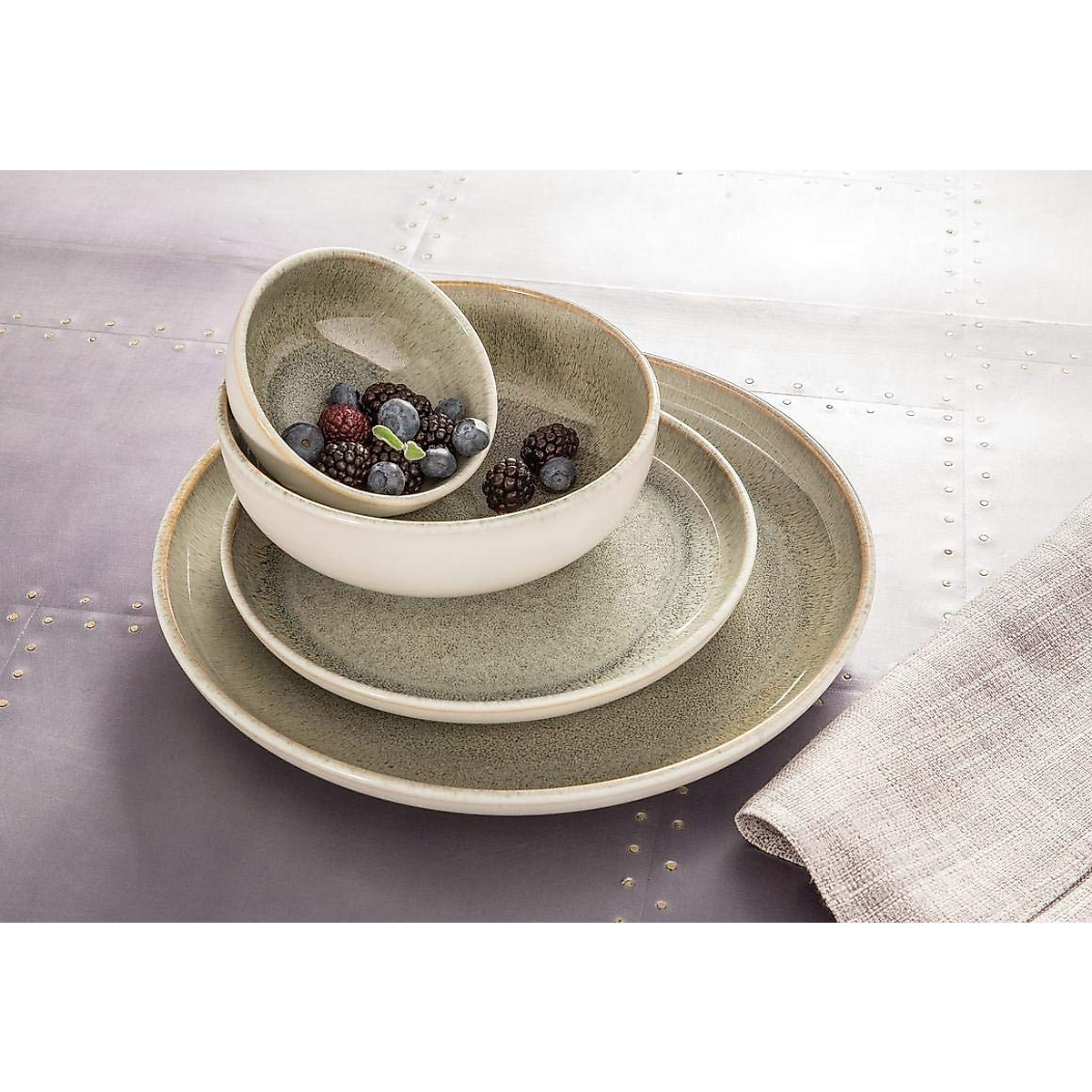 Sango Resona Moss 16-Piece Stoneware Dinnerware Set with Round Plates and Bowls, Green
