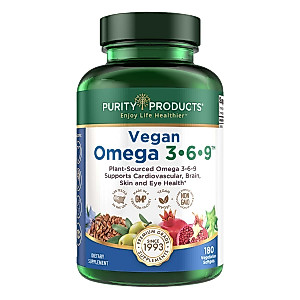 Purity Products Omega 3-6-9 Vegan Omega Formula - “5 in 1” Essential Fatty Acid Complex - Scientifically Formulated Plant-Based Omega 3 6 9 Essential Fatty Acids (EFA) - 3 Month Supply - 180 Softgels
