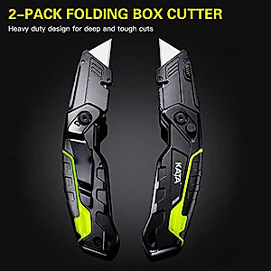 KATA 2-PACK Folding Utility Knife, Heavy Duty Box Cutter for Cartons, Cardboard and Boxes, Extra 10 Blades Included, Blade Storage Design, Quick Change Blades