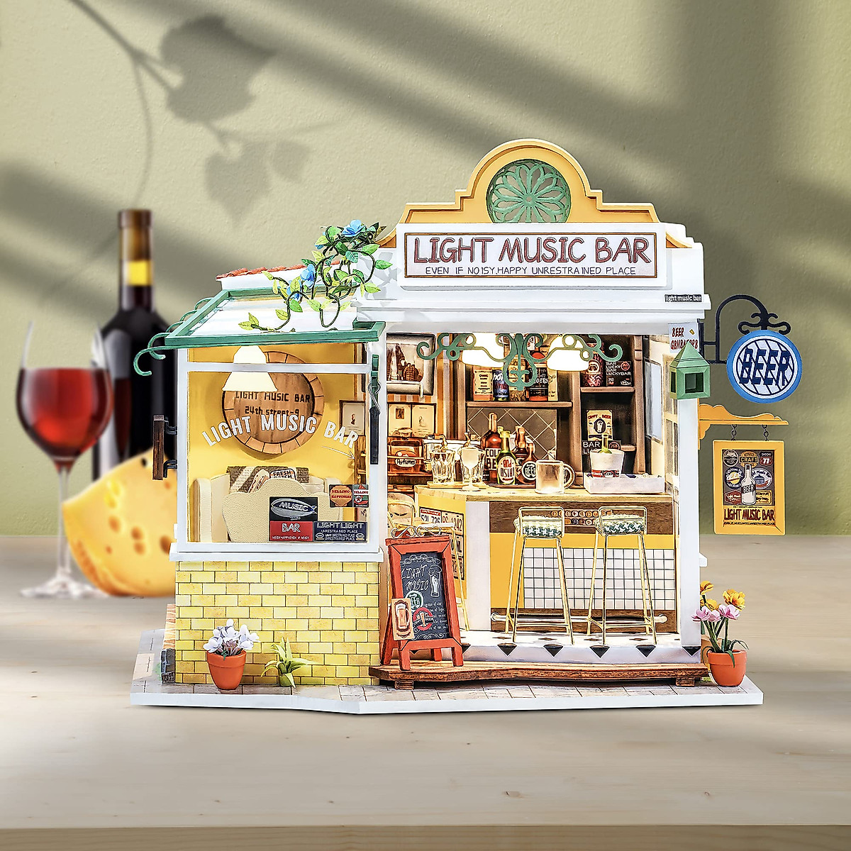 ROBOTIME DIY Dollhouse Miniature Wooden Light Music Bar Kit with LED to Build Miniature Craft Kits for Adults Decent Gift