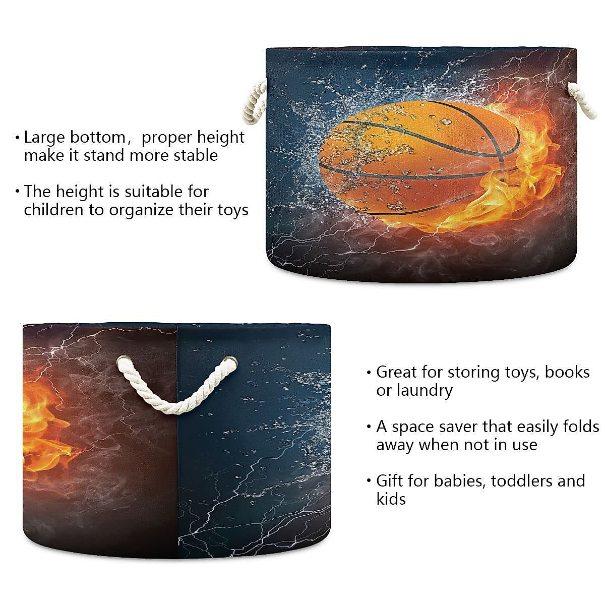 ALAZA Basketball Ball Fire Water Storage Box Toy Basket Laundry Storage Organizer Bins with Handles Large Baskets for Living Room Nursery Decor