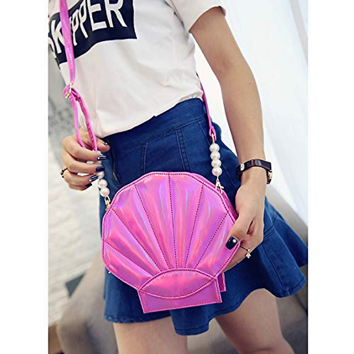 Women Mini Hologram Seashell Shape PU Leather Evening Clutch Handbag Cross-body Bag