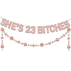 Ushinemi She's 23 Bitches Banner 23rd Birthday Decorations for Women, Funny Glitter Rose Gold Birthday Banner With Circle Dot Twinkle Star Garland