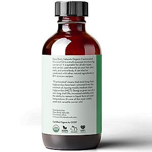 Pure Body Naturals Organic Fractionated Coconut Oil for Skin and Hair, 4 fl oz - Liquid Carrier Oil for Diluting Essential Oils, Hair Growth & Skin Moisturizer