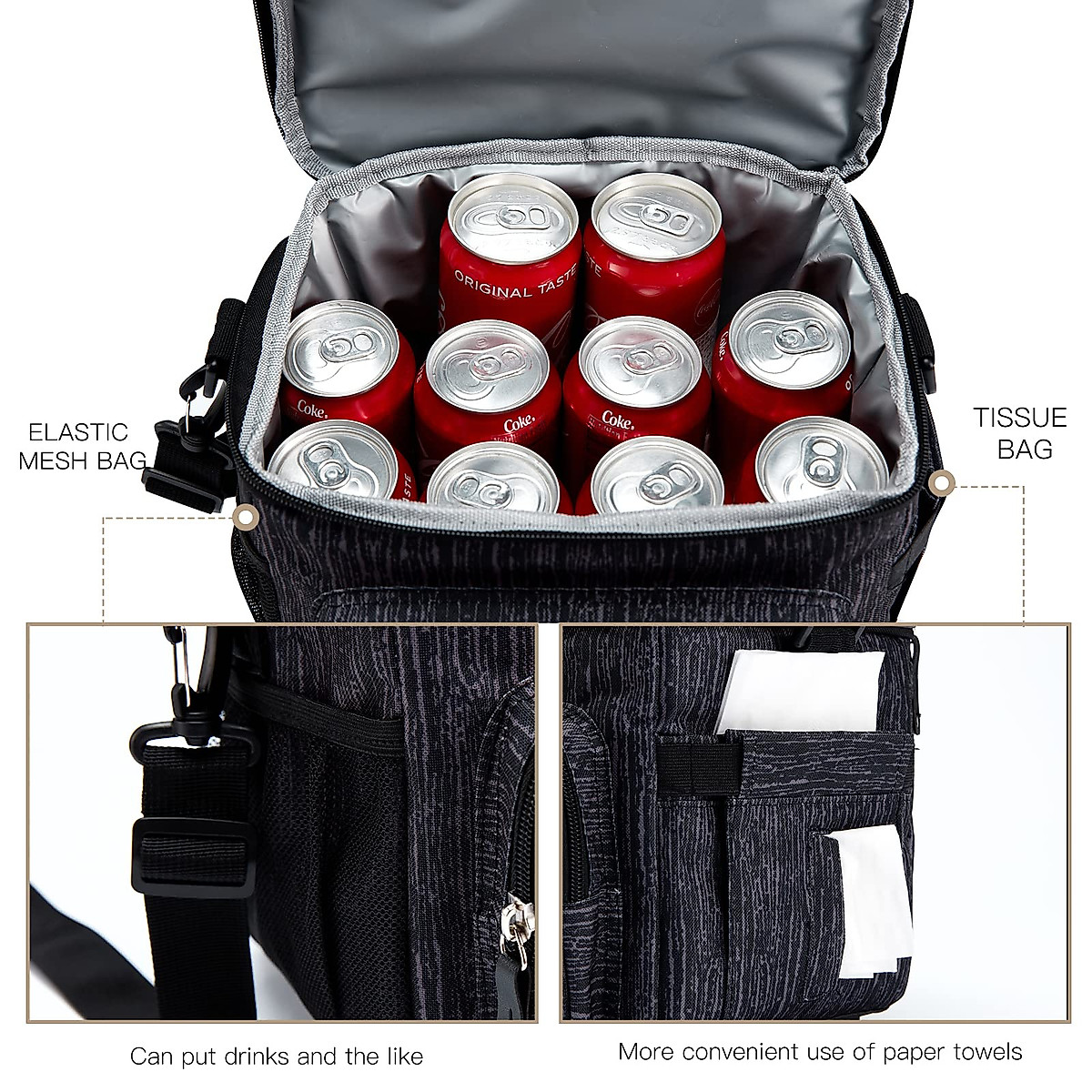 UMUFUKA Men's Double Compartment Lunch Bag, Insulated Lunch Cooler Tote 2 Roomy Large Reusable Water-resistant Lunch Box (Black)