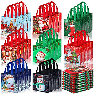 Chapou 100 Pcs Christmas Gift Bag Bulk Reusable Christmas Bags with Handles 9.06 x 8.66 x 4.33 in Xmas Tote Bags Snowman Santa Claus Non Woven Shopping Goodies Bags for Xmas Holiday Party Supplies