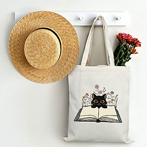 Silkfly 6 Pcs Book Lovers Gifts Aesthetic Canvas Book Tote Bag with Interior Pocket Cute Tote Bag Reusable Shopping Bags(Cat)