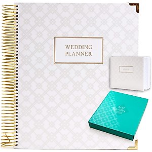 Wedding Planner Gift Set for The Bride to Be: 9x11 Hardcover Wedding Planner and Organizer, Gift Box, Guest Book, Clip-in Bookmark, Planning Stickers, Business Card Holder, and Pocket Folders (Gold)