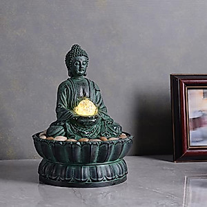 Haobos Indoor Tabletop Fountain Exquisite Sitting Buddha Fountains Meditation Desk Water Fountain Decorative Zen Fountain w/Glass Rolling Ball/LED/Stone Office and Home Decor 9.4" (21127A)