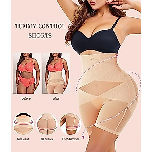 Nebility Women Butt Lifter Shapewear Hi-Waist Double Tummy Control Panty Waist Trainer Body Shaper (L, Beige-Mid Thigh)