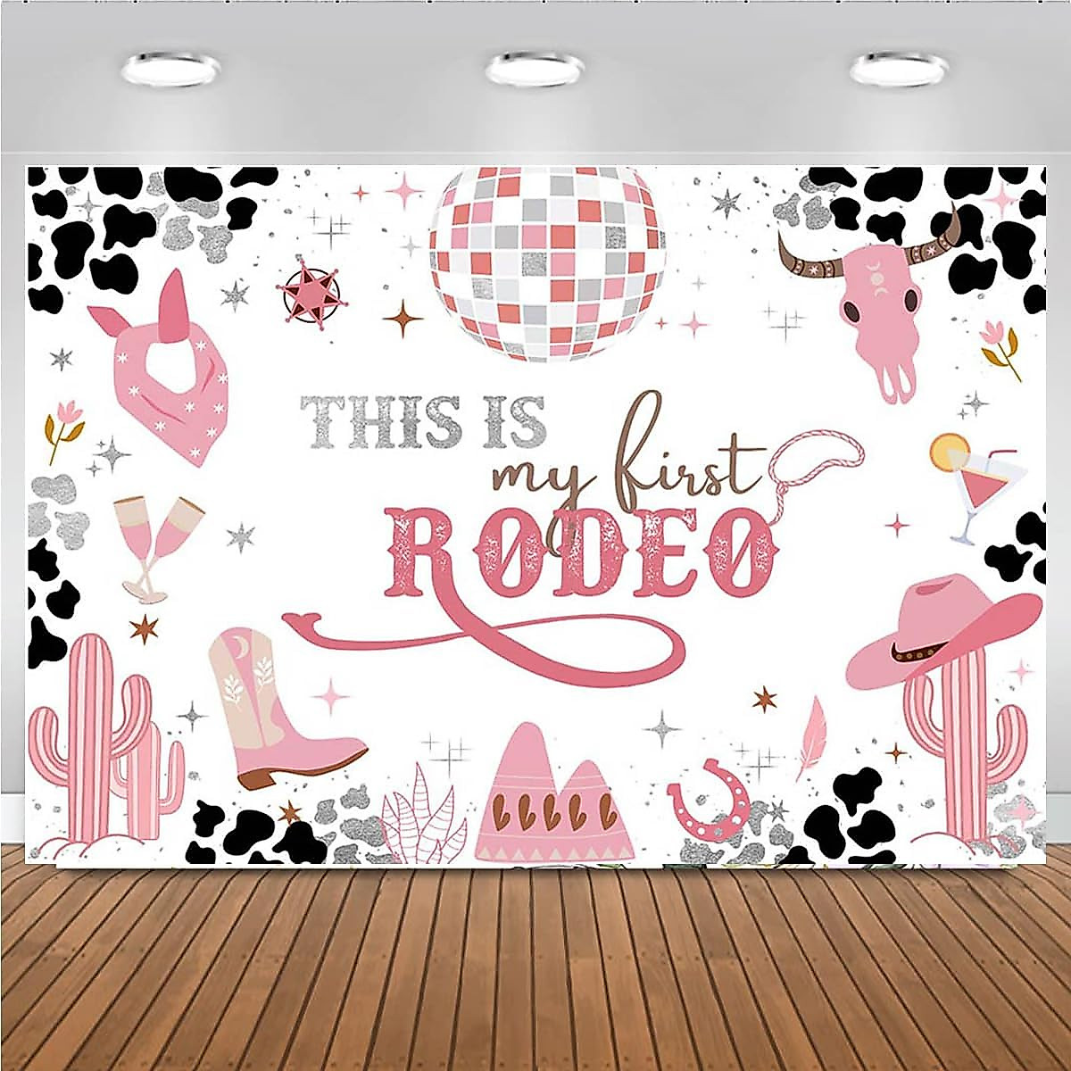 West Cowgirl Theme Birthday Party Background Wild West Party Supplies This is My First Rodeo Banner Girl Birthday Party Cow Print Pink Cactus Western Girls Party Decoration Supplies (7X5FT)