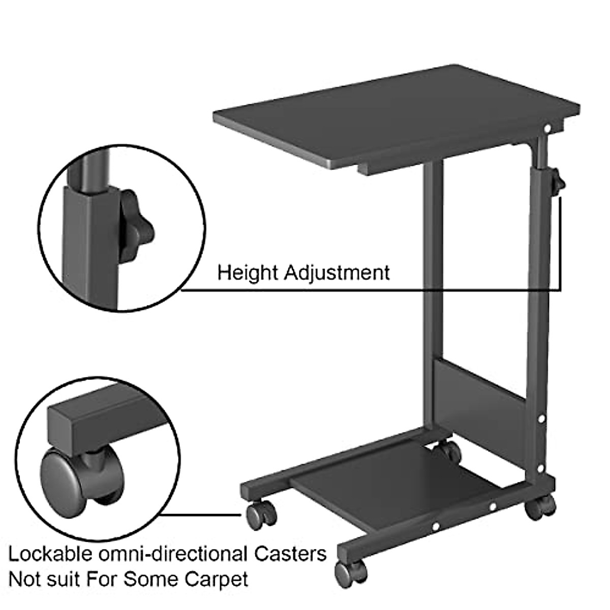 TigerDad C Table Adjustable Height Sofa Side Table Mobile Desk with Wheels, C Shaped End Table with Storage, Adjustable Laptop Table