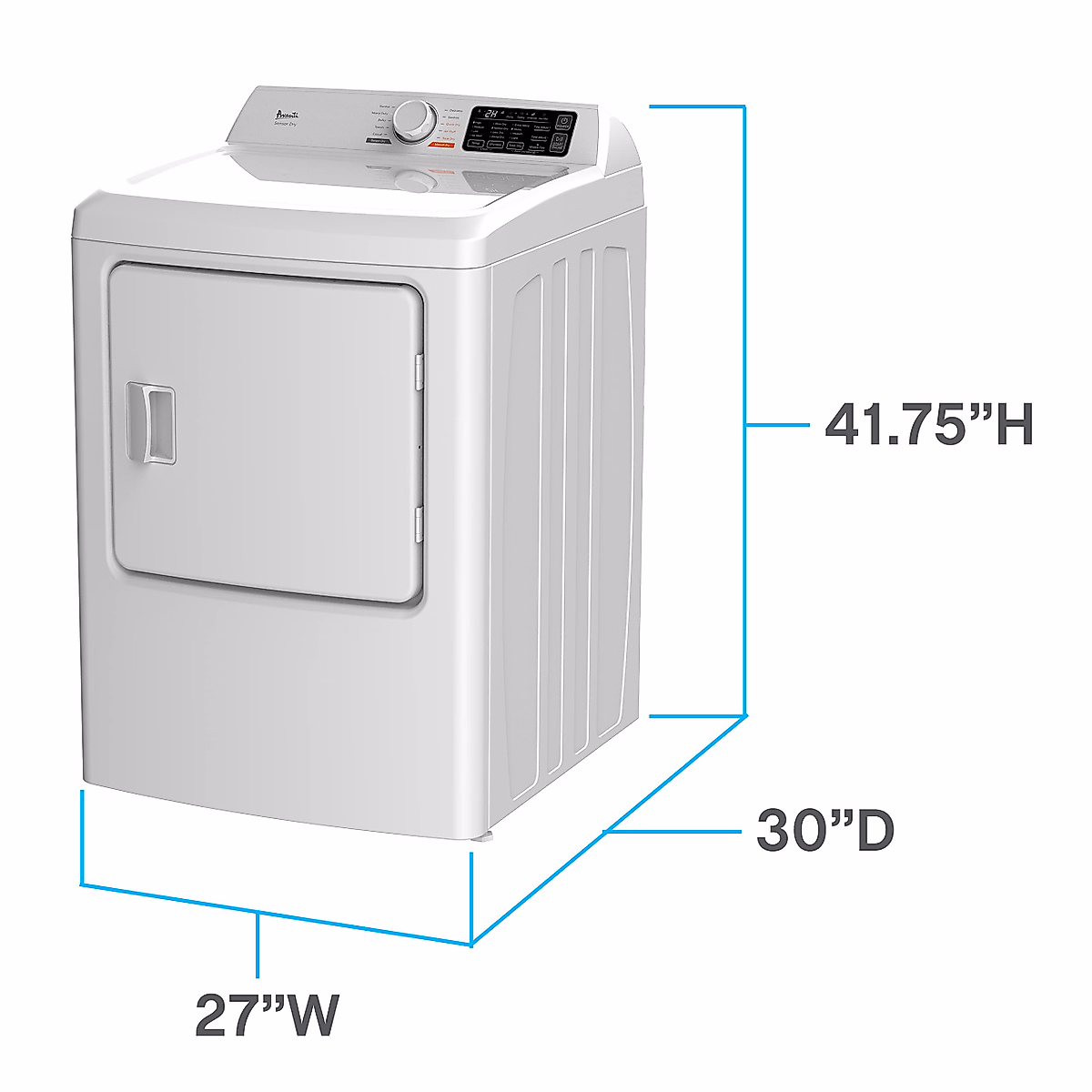 Avanti Front Load Free Standing Natural Gas Clothes Dryer Machine, Full Size 10 Automatic Cycles with Dryness Settings and Reversible Door Option, 6.7 cu.ft. , White