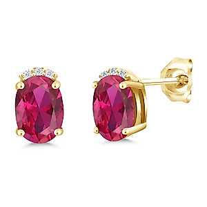 Gem Stone King 2.06 Ct Red Created Ruby G-H Lab Grown Diamond 18K Yellow Gold Plated Silver Earrings