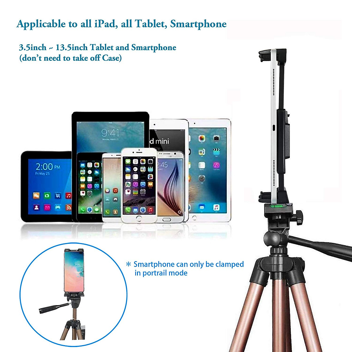 IPad Tripod Stand Universal Tablet Phone Mount Holder 51in Lightweight with Bluetooth Remote for iPad Pro 12.9 11 10.5,iPad Air Mini,Surface Tab,Galaxy Tab and 3.5 to 13.5in iPhone Tablet - Champagne