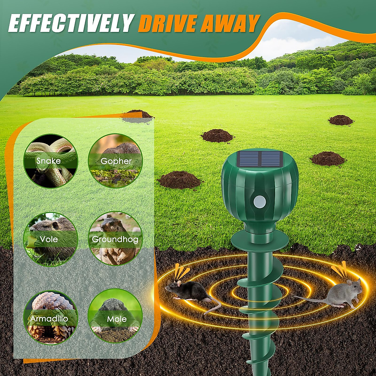 Mole Repellent Solar Powered - 3 Modes IPX7 Waterproof Gopher Vole Repellent Outdoor - Solar Mole Repellent Ultrasonic Sonic Mole Spikes Deterrent Moles Groundhog Chipmunk Repellent for Lawn,4 Pack