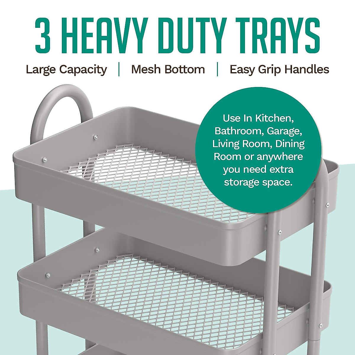 3-Tier Rolling Metal Storage Organizer - Mobile Utility Rolling Storage Cart, Kitchen Cart with Caster Wheels (Grey)