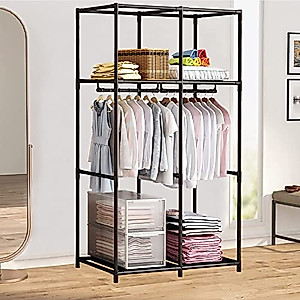 SORCEDAS Portable Wardrobe Closet Storage Organizer Metal Hanging Rack Non-Woven Fabric 34 Inch Coffee (34 Inch, Coffee)