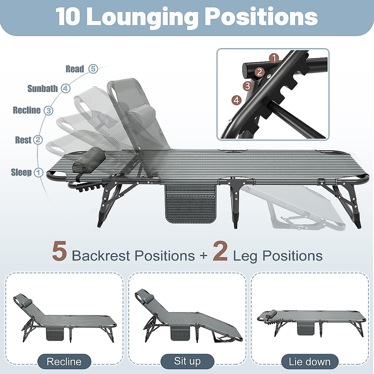 Slsy Folding Chaise Patio Lounge Chair, Outdoor Reclining Patio Chairs, Heavy Duty Patio Chaise Lounges for Outside, Poolside, Beach, Lawn, Camping