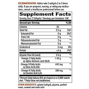 Nature’s Way Flax Oil Max Strength, 2600 mg per Serving, with ALA, Cold-Pressed, 200 Softgels