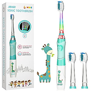 SEAGO Electric Toothbrush Children from 3-12 Years Kids Toothbrushes Electric with Colored Light Smart Timer 3 Soft Brush Heads Waterproof Baby Sonic Toothbrush for Girls Boys SG-977 (Green)
