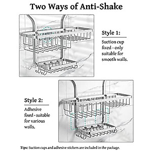 YASONIC Shower Caddy Over Shower Head Never Rust Aluminum Large Hanging Shower Caddy with 10 Hooks for Razor/Sponge - Over The Shower Head Caddy with Soap Basket - Hanging Shower Organizer Silver