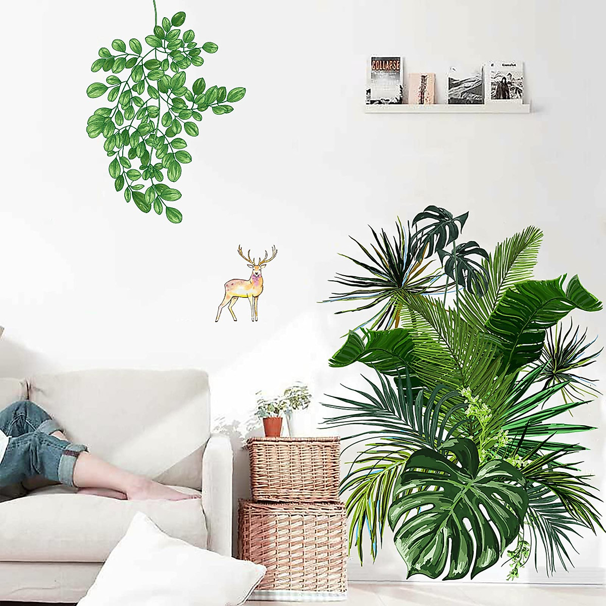 DALJIAFA Big Green Leaf Wall Stickers Tropical Plant Leaves Window Decals Murals Wall Art Decorative Sticker for Kids Home Living Room Bedroom Nursery Playroom Jungle Party Decor Decorations Supplies