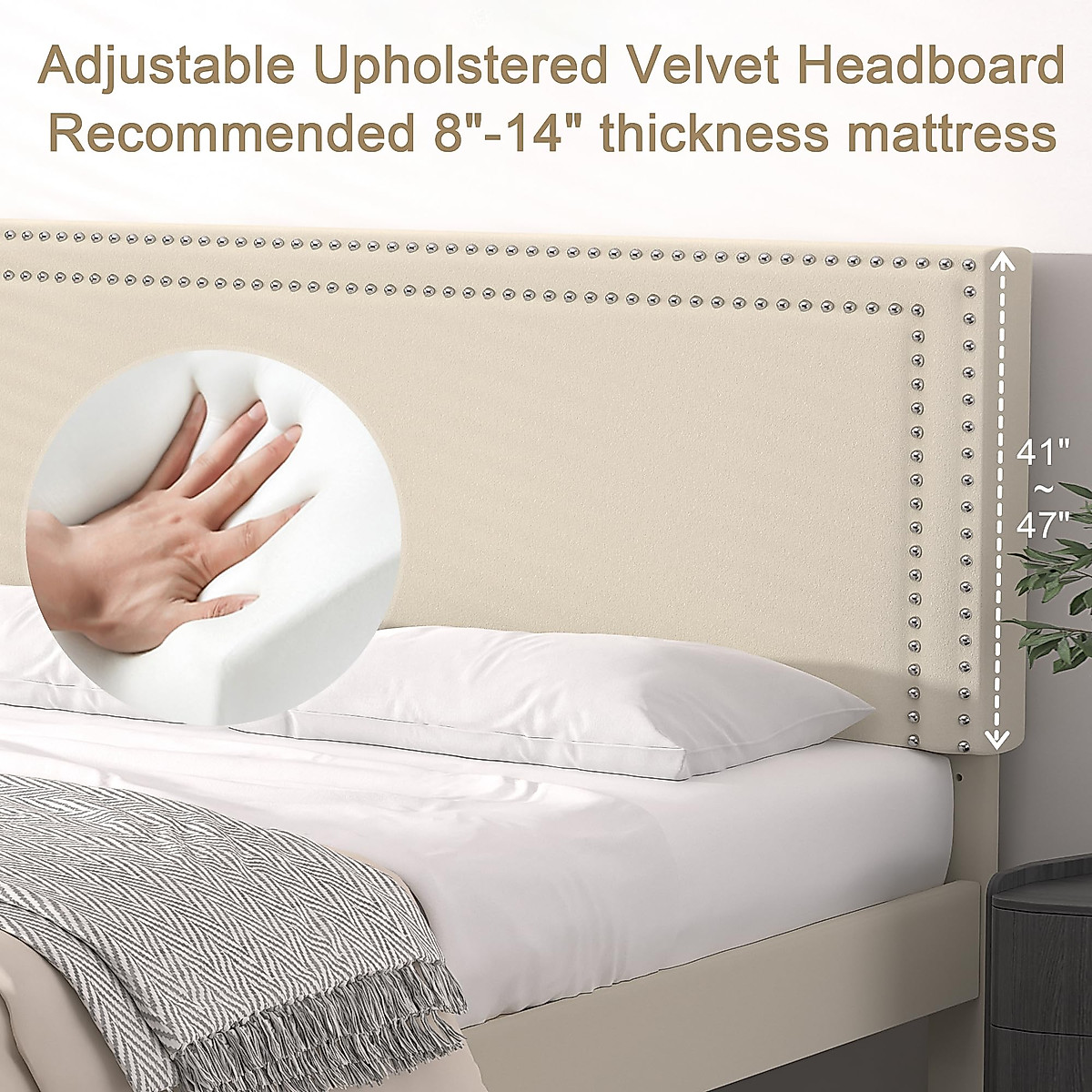 VECELO Queen Size Platform Bed Frame with Height Adjustable Upholstered Headboard, Modern Mattress Foundation,Strong Wood Slat Support, No Box Spring Needed, Easy Assembly