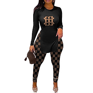 PINLI Women's Two Piece T-Shirt Print Slit Gradient Round Neck Tight Sexy Pants Set Black Print 3XL