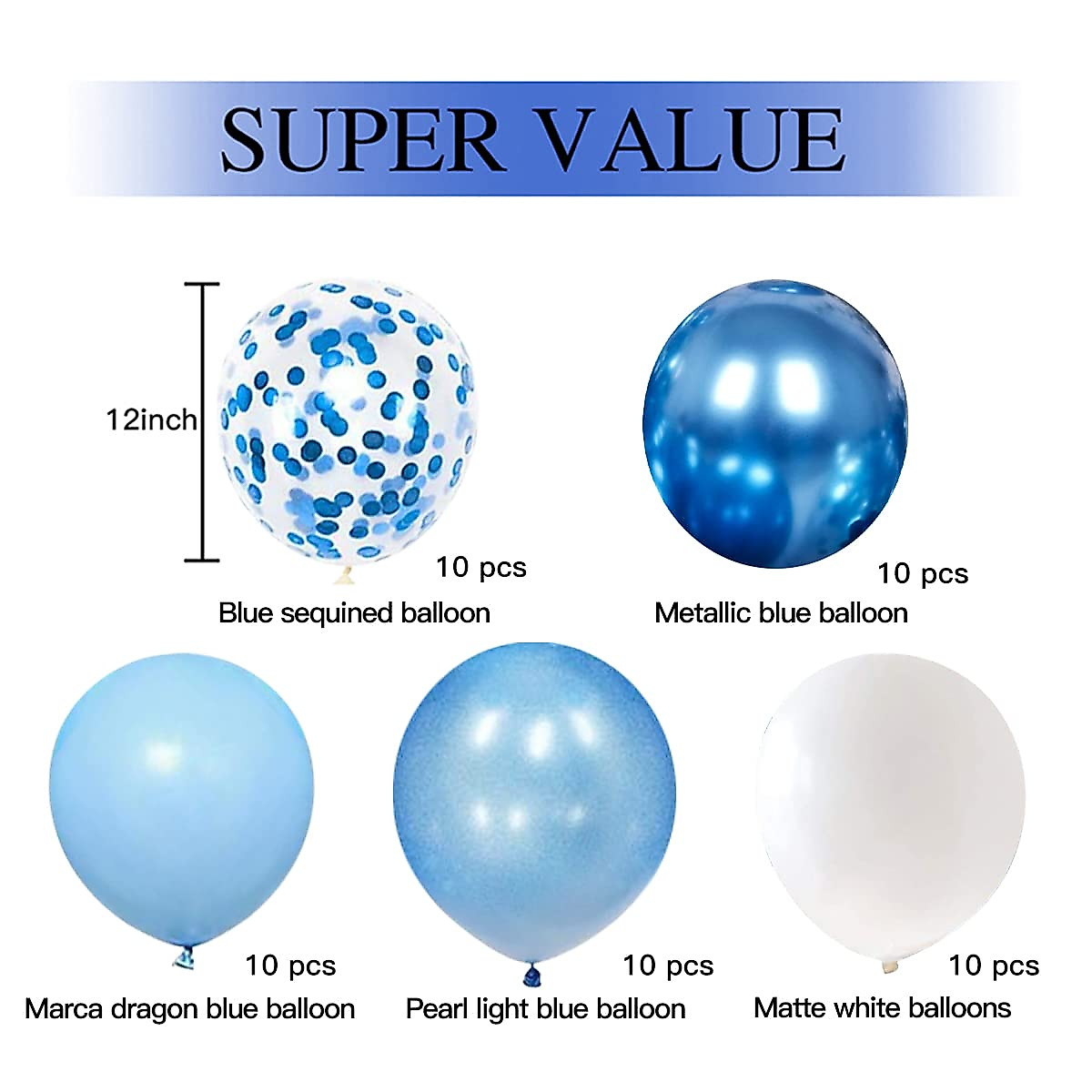 Royal Blue Metallic Blue Confetti Balloons, 50pcs 12 inch Baby Blue Light Blue and White Party Balloons for Boy Baby Shower Men's Birthday Graduation Wedding Party Decoration…