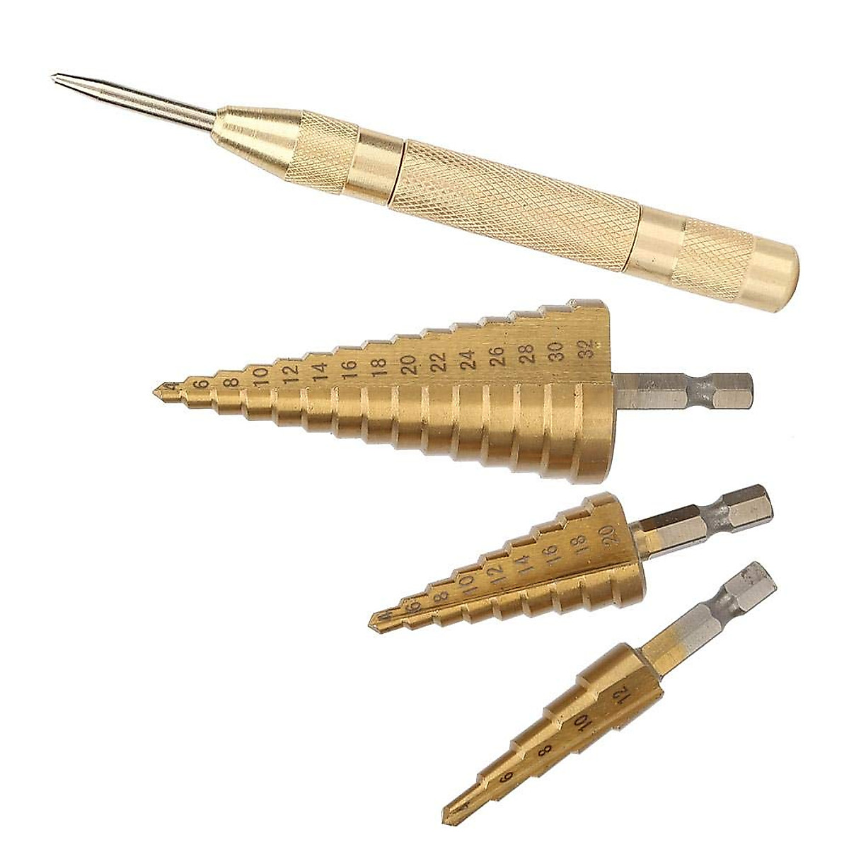 Drill Bits with Automatic Punch, 3pcs Step Drill Bits 4-12/4-20/4-32 with Hexagonal Handle, High Speed Steel and, Good Wear Resistance