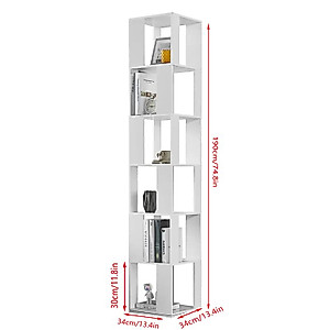 Rotating Bookshelf,6 Tier 360 Floor Standing Revolving Bookcase Storage Rack,Wood Narrow Bookshelf for Small Space,Corner Book Shelf Organizer for Bedroom, Living Room (White)
