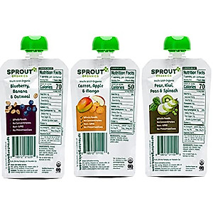 Sprout Organics, Stage 2 Variety Pack, Carrot Apple Mango, Pear Kiwi Peas Spinach & Blueberry Banana Oatmeal, 6+ Month Pouches, 3.5 oz (12-count)