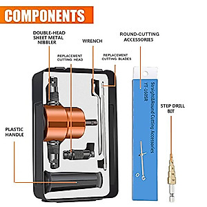 REXBETI Double Headed Sheet Metal Nibbler, Drill Attachment Metal Cutter with Extra Punch and Die, 1 Cutting Hole Accessory and 1 Step Drill Bit, Perfect for Straight Curve and Circle Cutting (Gold)